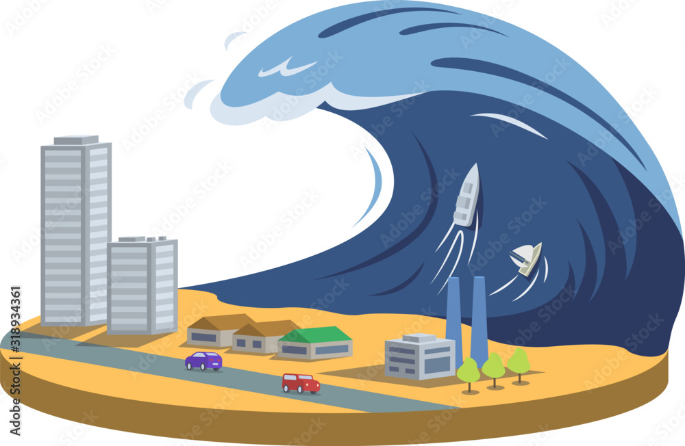 Typhoon cartoon vector illustration. Tsunami. High wave covering city. Tropical cyclone, storm ...