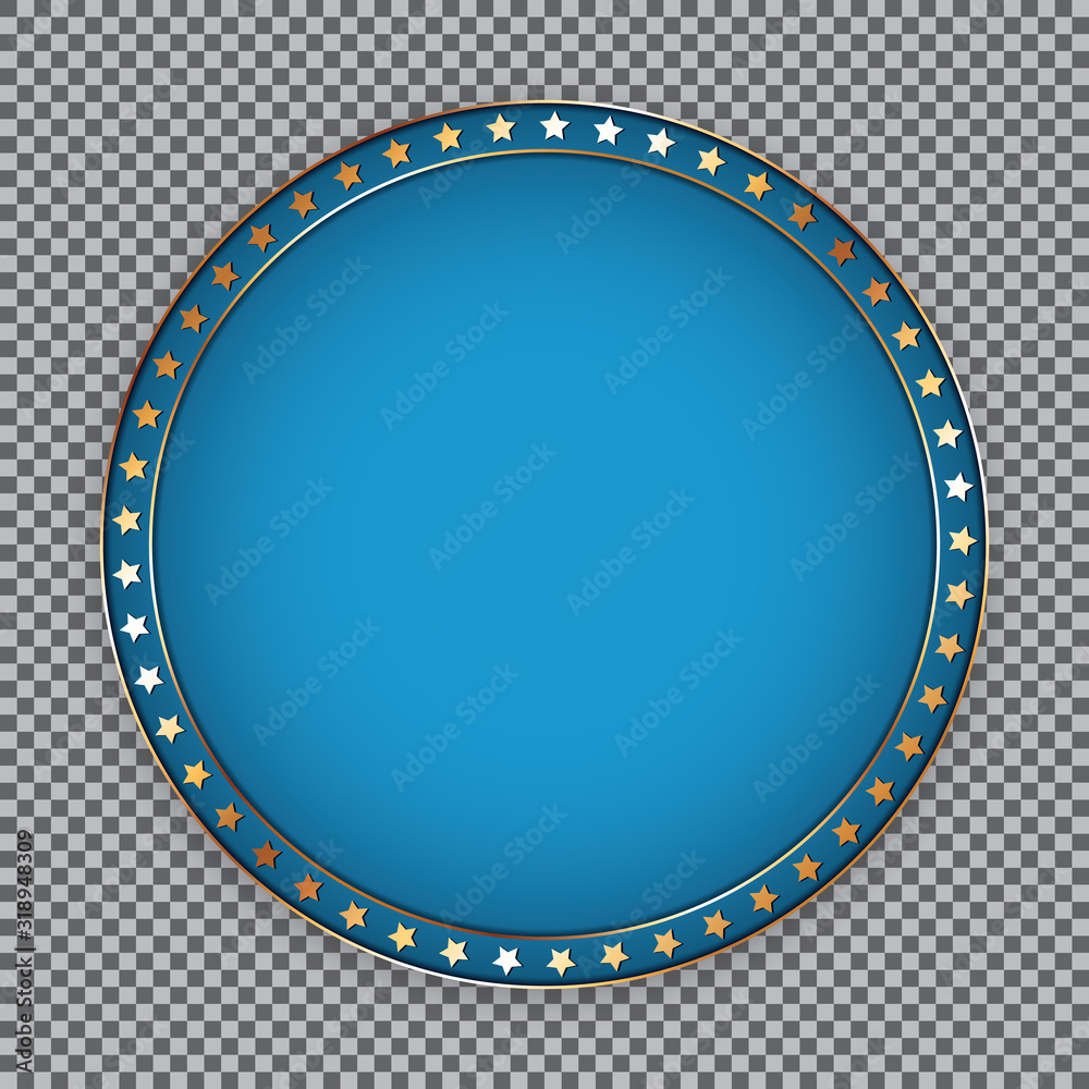 round blue banner with golden frame and golden stars frame on ...