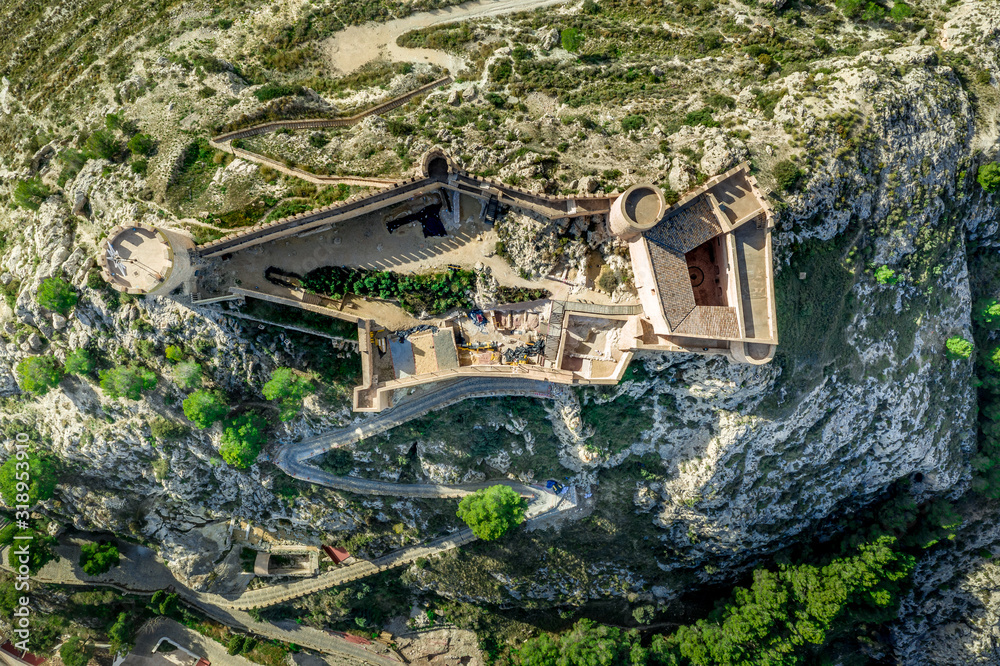Aerial view of Castalla castle in Valencia province Spain with donjon ...