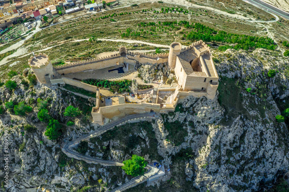 Aerial view of Castalla castle in Valencia province Spain with donjon ...