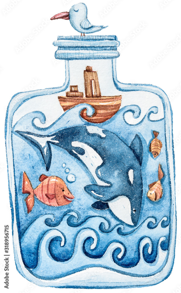 Watercolor hand painted cartoon sea characters. Cute lovely fantasy ...