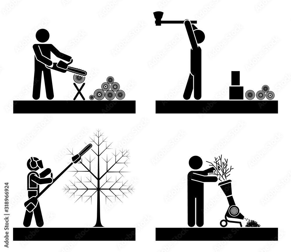 Pictogram icon set presenting wood heating preparation. Cutting wood ...