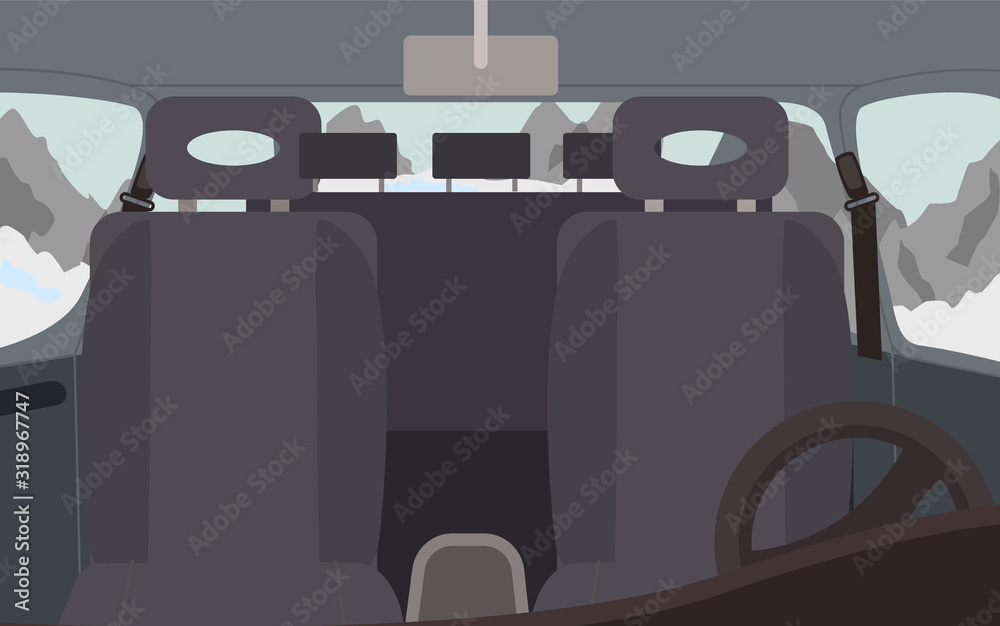 Black interior of internal space, car salon. Cabin elements like seat ...