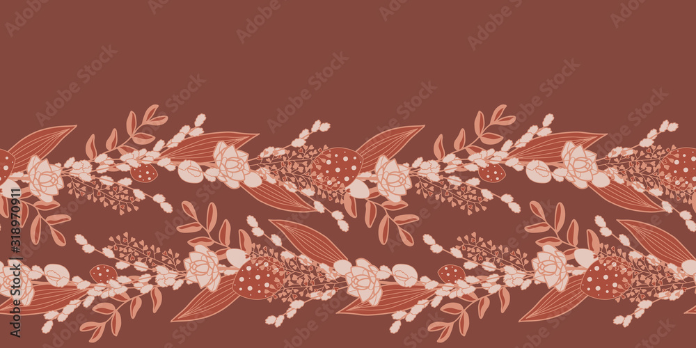 Vector floral border in pink and red. Simple doodle flowers and leaves ...