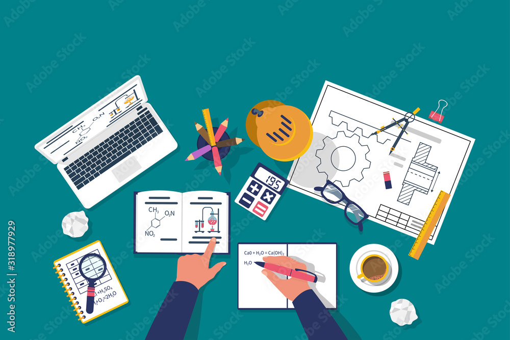 Student learns at the table. Concept distance education, e-learning ...