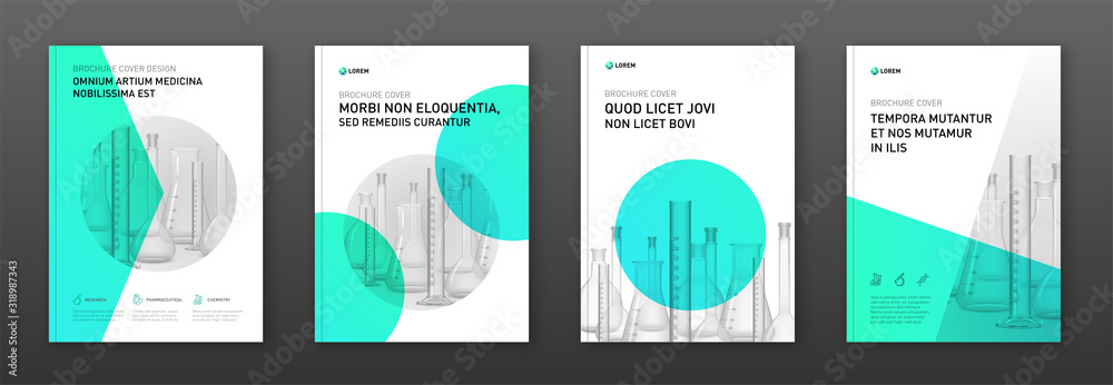 Pharmaceutical brochure cover design layout set with flasks vector ...