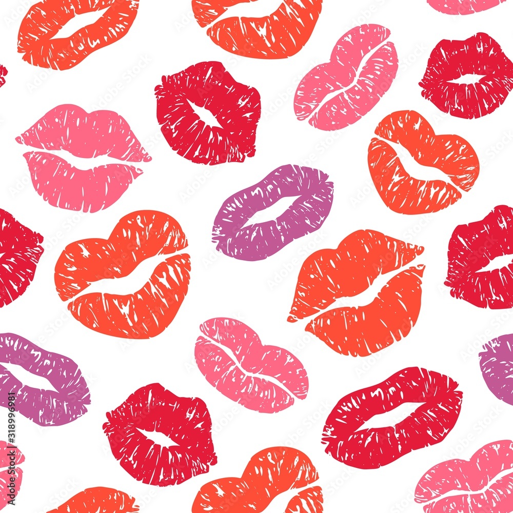 Lips print seamless pattern. Kiss prints with texture, color girls lips ...