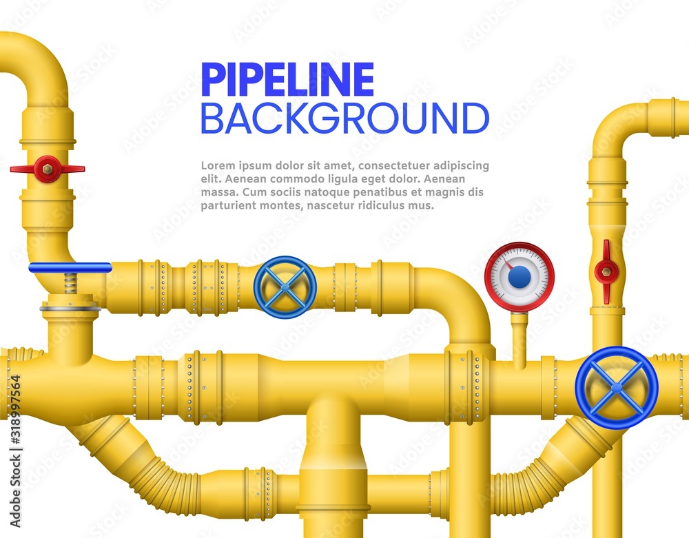 Industrial gas pipe banner. Yellow pipeline, oil pipes and pipelines ...