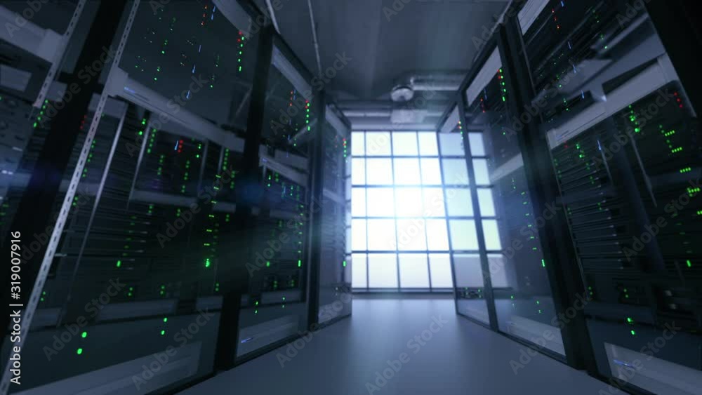 Slow tracking shot of server units in cloud service data center showing ...