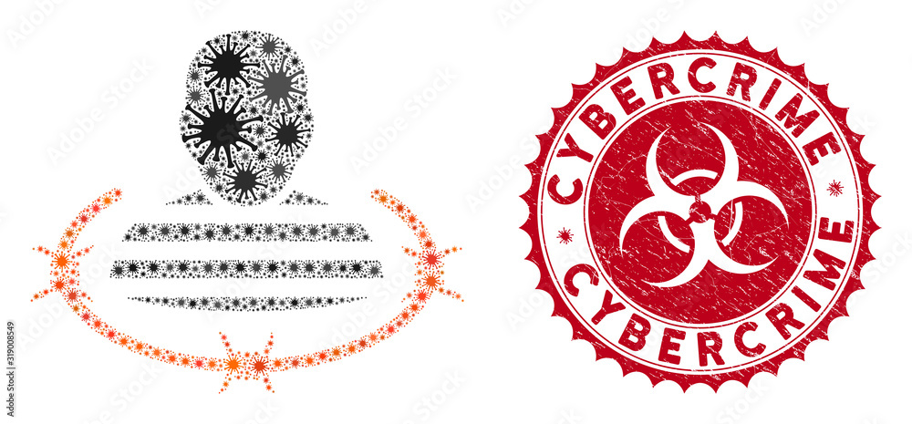 Coronavirus mosaic prison icon and rounded distressed stamp seal with Cybercrime text. Mosaic ...