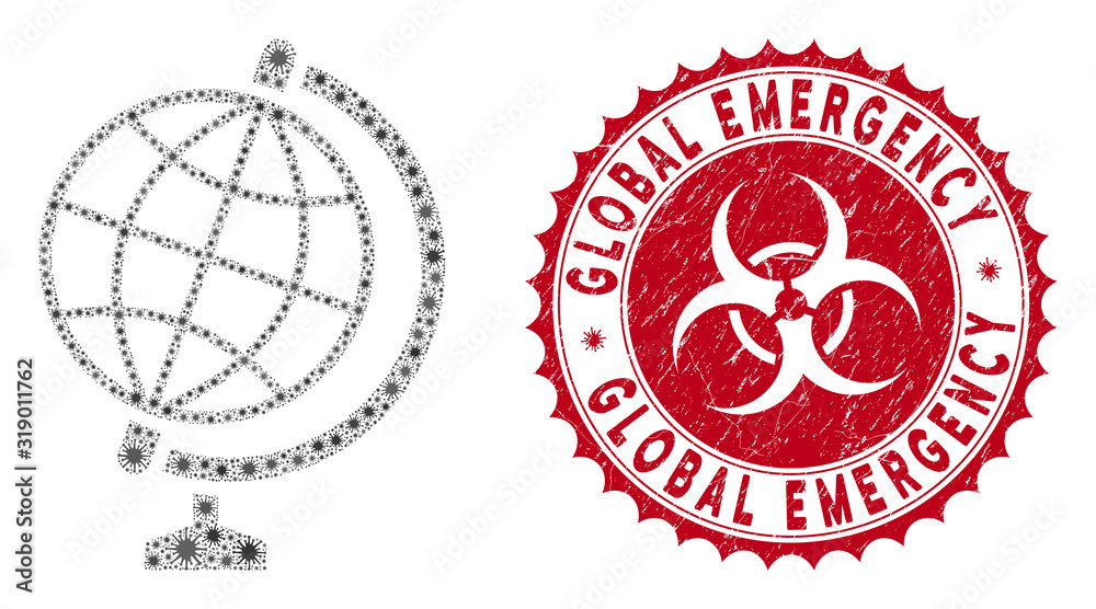 Coronavirus mosaic global icon and round grunge stamp seal with Global ...