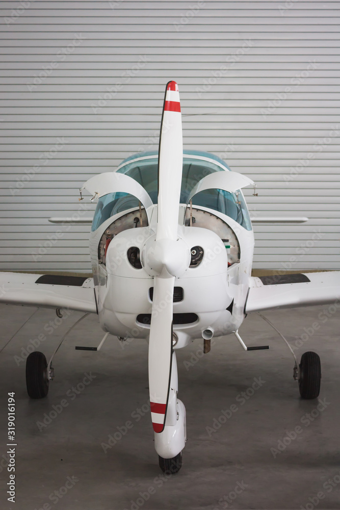 Close front view of a small white sports plane in a hangar. The ...