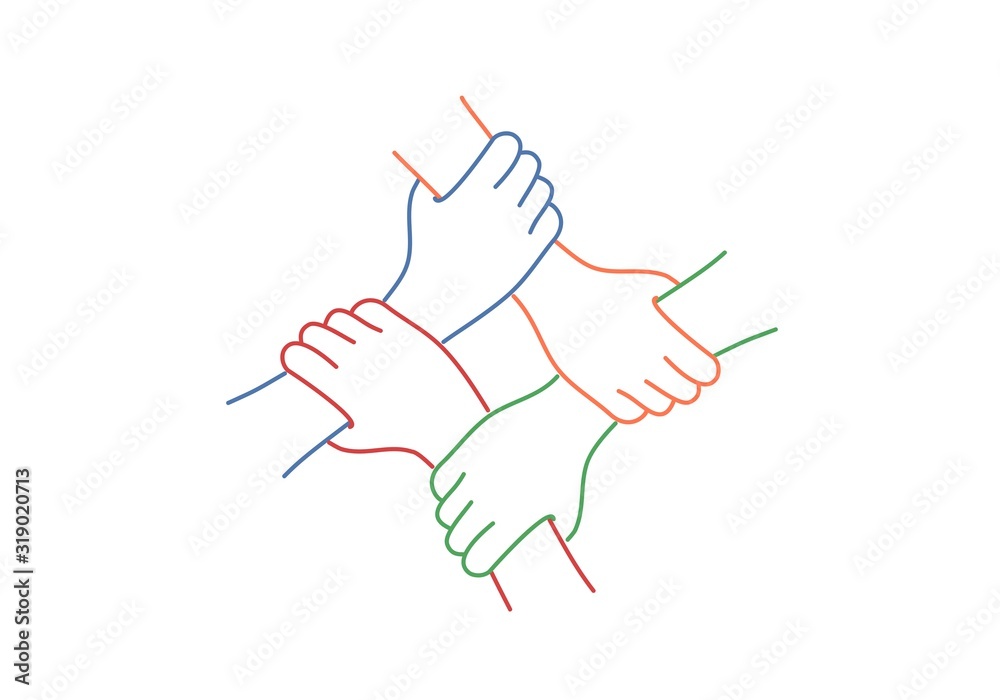 Teamwork. Four United Hands. Line drawing vector illustration. Stock ...