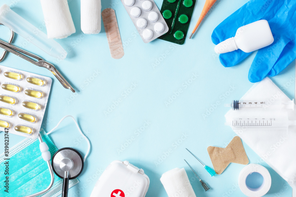 Medical equipments with stethoscope, scissors, syringes and other ...
