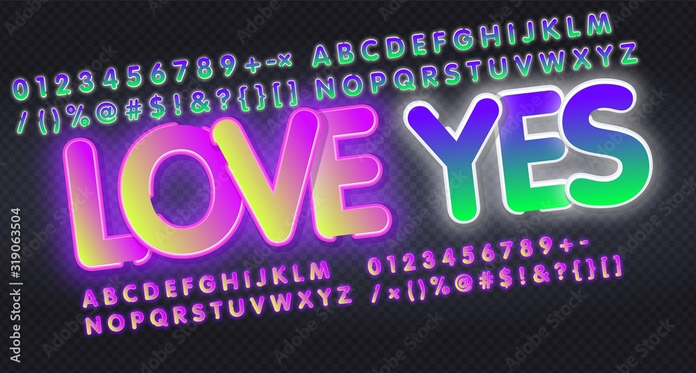LOVE YES, English alphabet and numbers neon signs collection. Neon sign ...