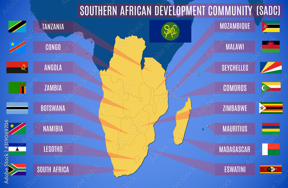 Póster Vector map and flags of the Southern African Development ...