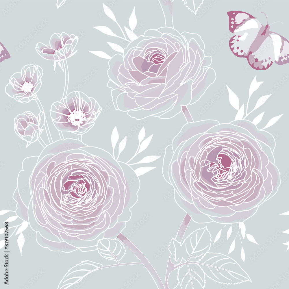 Rose flower seamless pattern wallpaper, on grey background. Purple ...