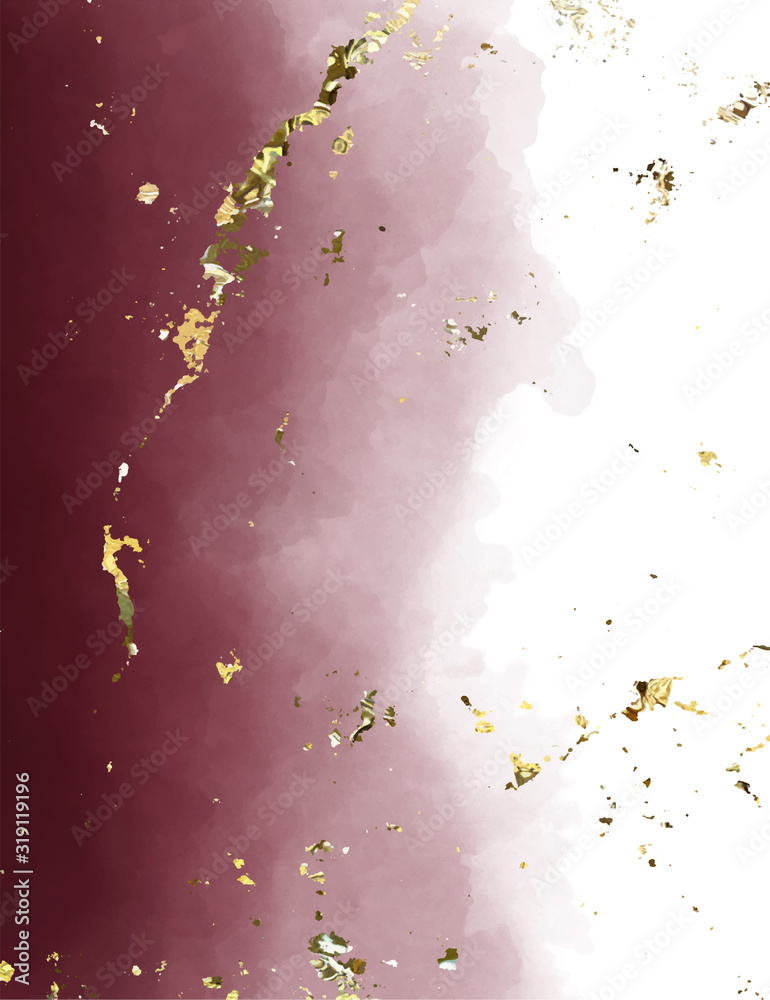 Dark burgundy, wine color watercolor and gold foil background. Dark red ...