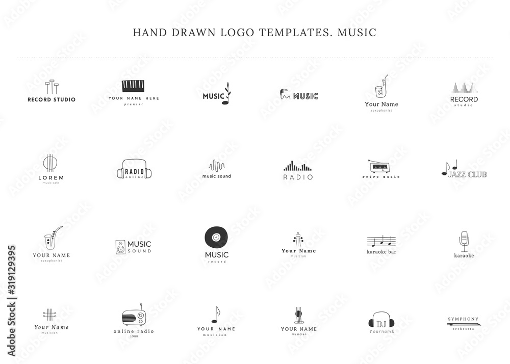 Set of hand drawn vector logo templates. Music and sound record ...