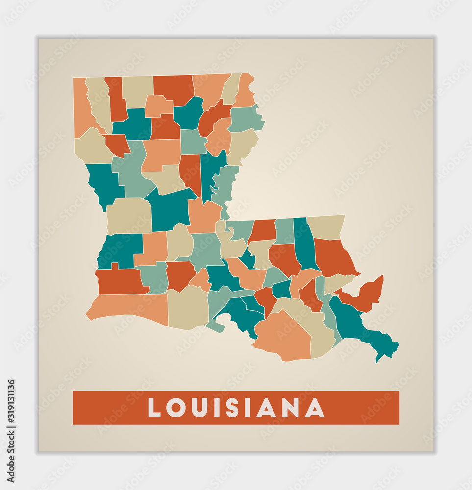 Louisiana poster. Map of the us state with colorful regions. Shape of ...