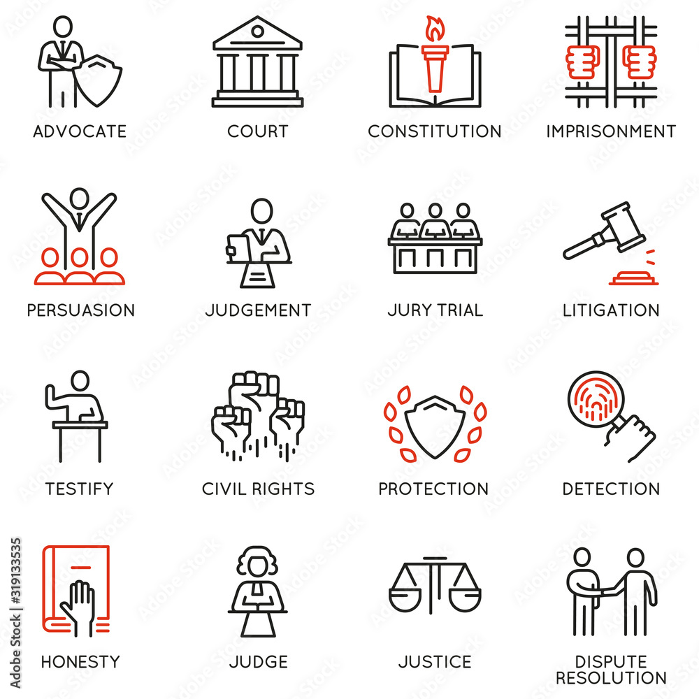 Vector set of linear icons related to law, justice and litigation. Mono ...