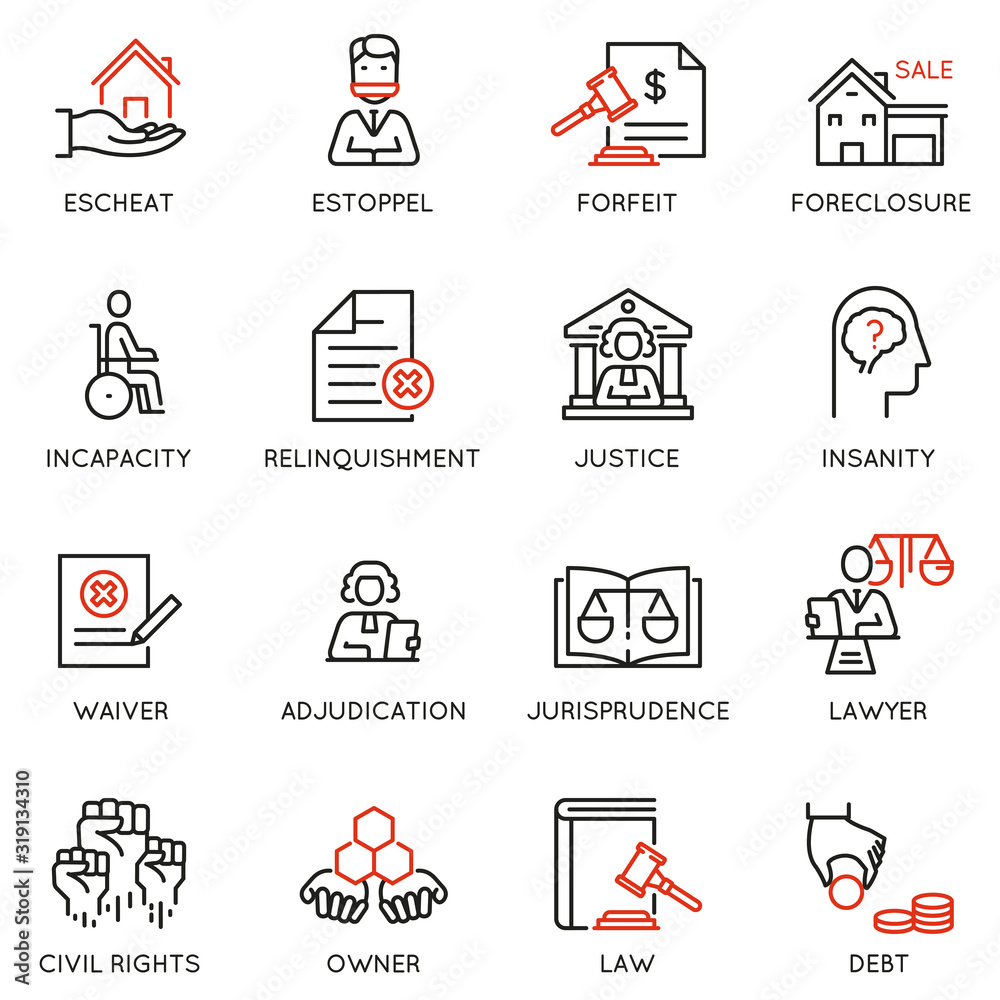 Vector set of linear icons related to law, justice and litigation. Mono ...