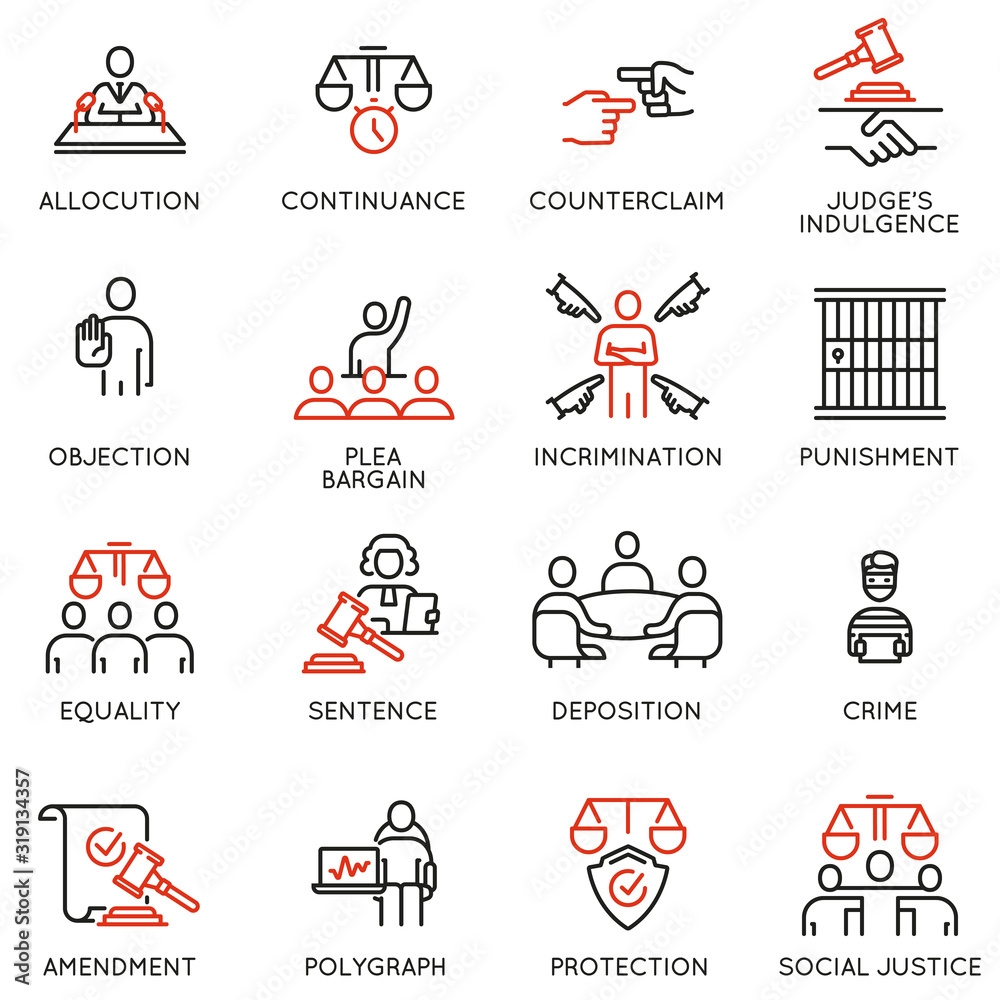 Vector set of linear icons related to law, justice and litigation. Mono ...