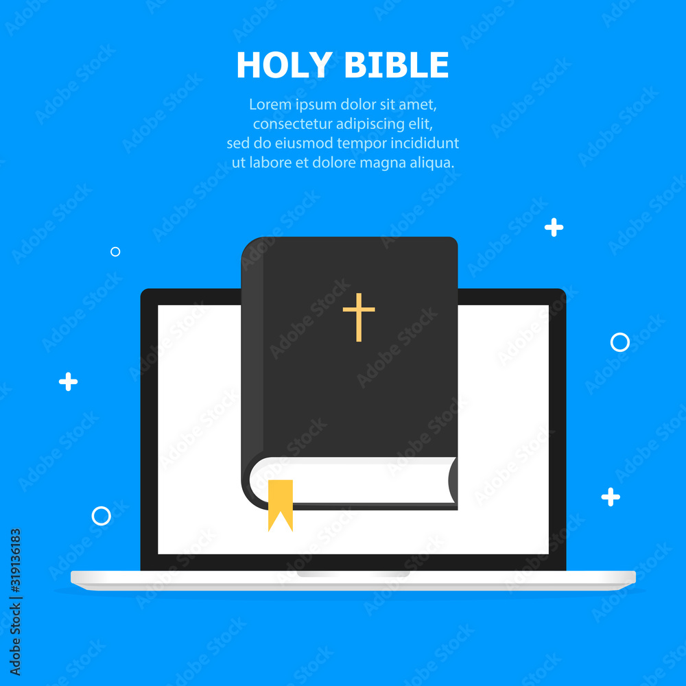 The black bible is depicted on the laptop screen. Above, white text is ...