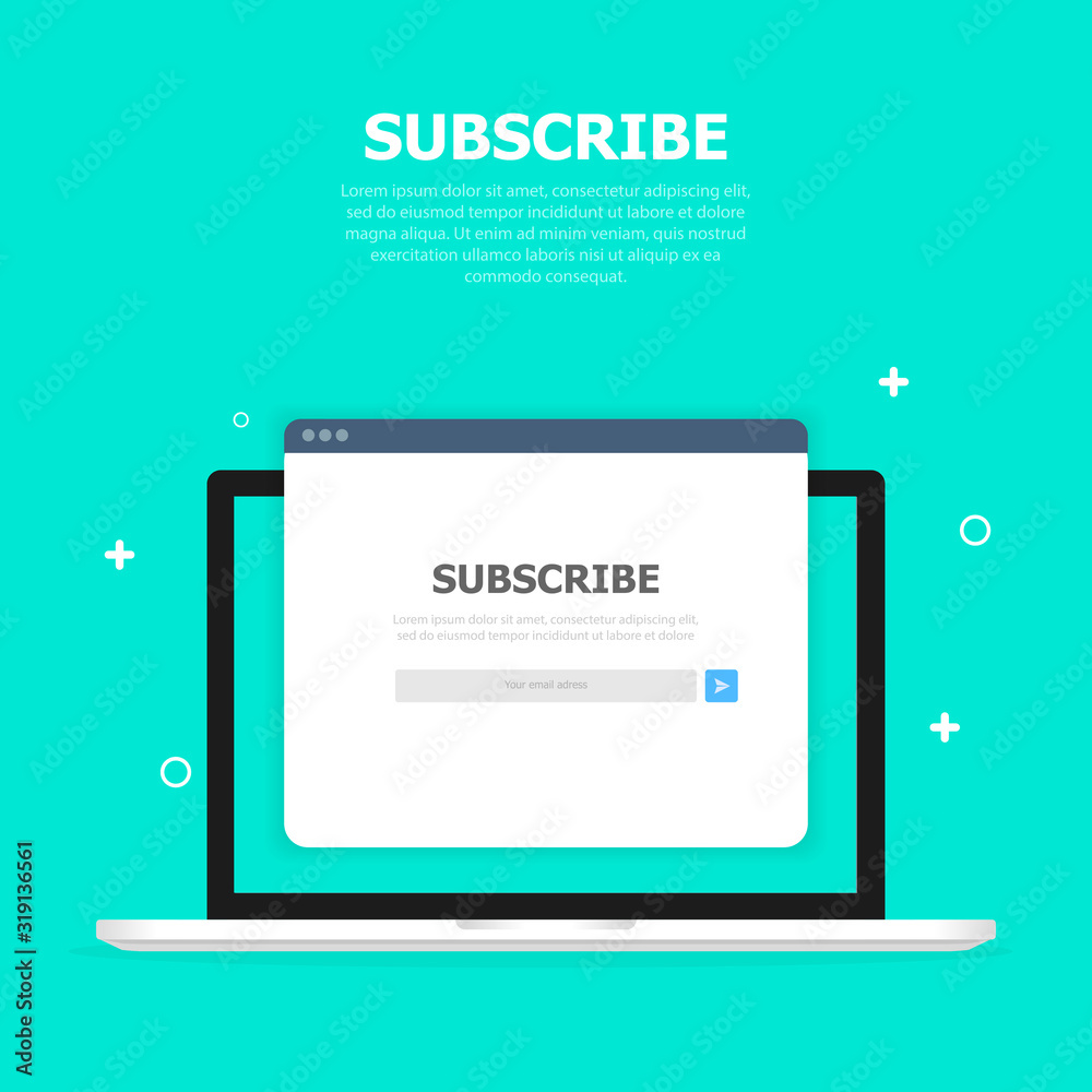 A white subscription window is displayed on the computer screen on a ...