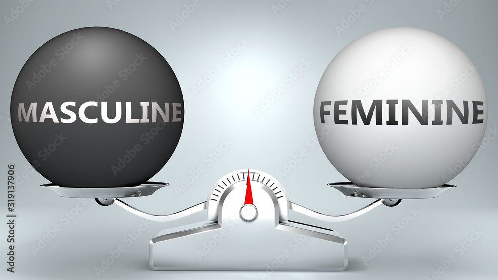 Masculine and feminine in balance - pictured as a scale and words ...