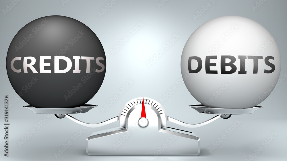 Credits and debits in balance - pictured as a scale and words Credits ...