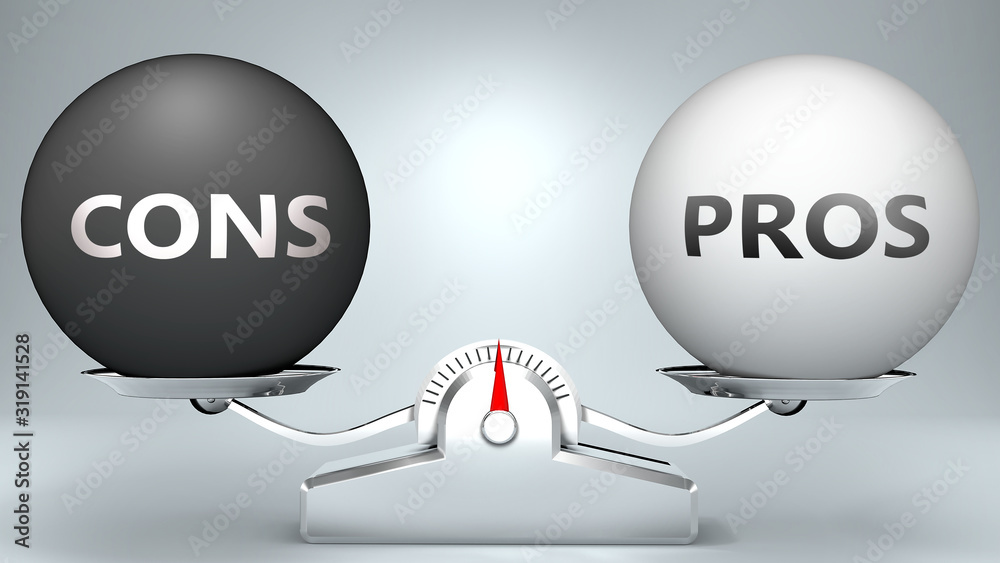 Cons and pros in balance - pictured as a scale and words Cons, pros ...