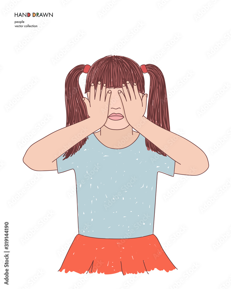 Hand drawn illustration of little girl covering eyes with hands. Color ...