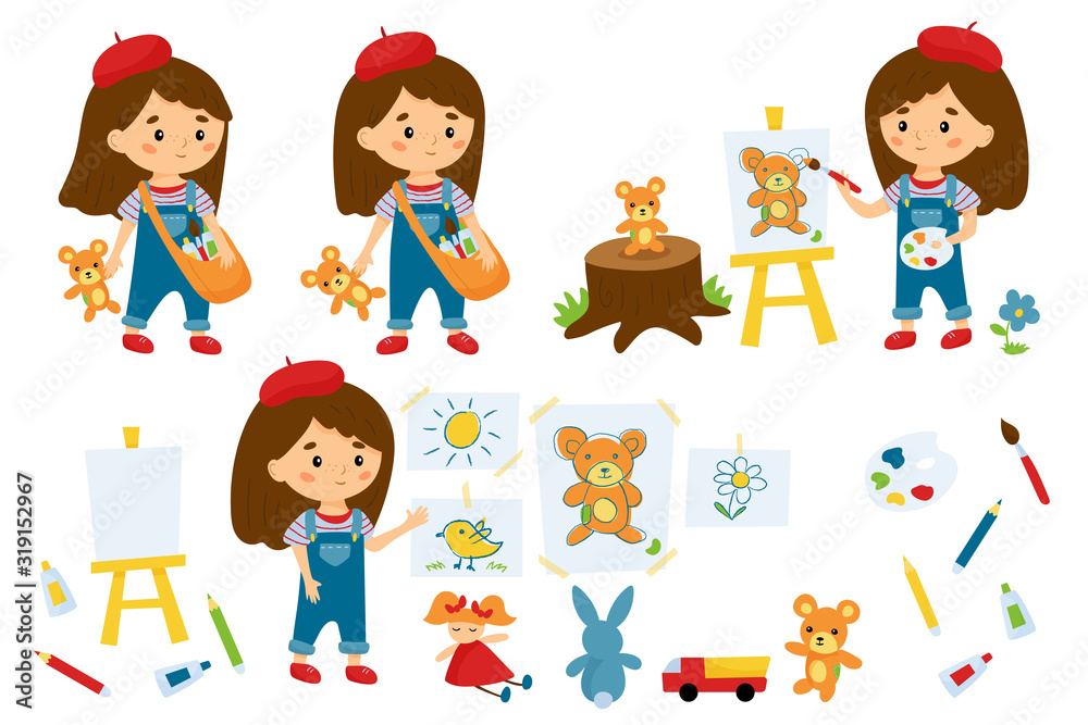 Set of little girl artist. Cute cartoon character. Vector illustration ...