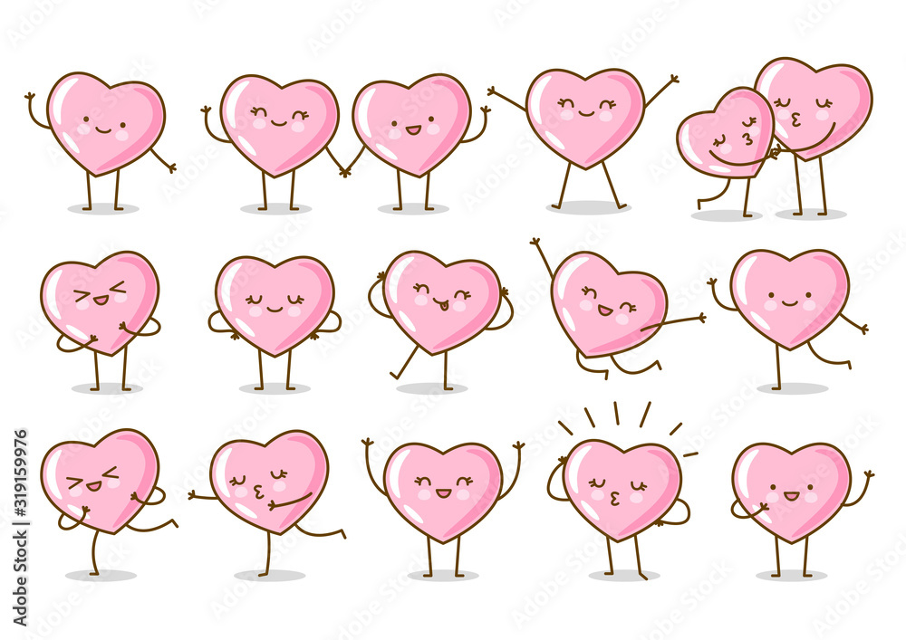 Set of kawaii pink hearts isolated on white background Vector ...