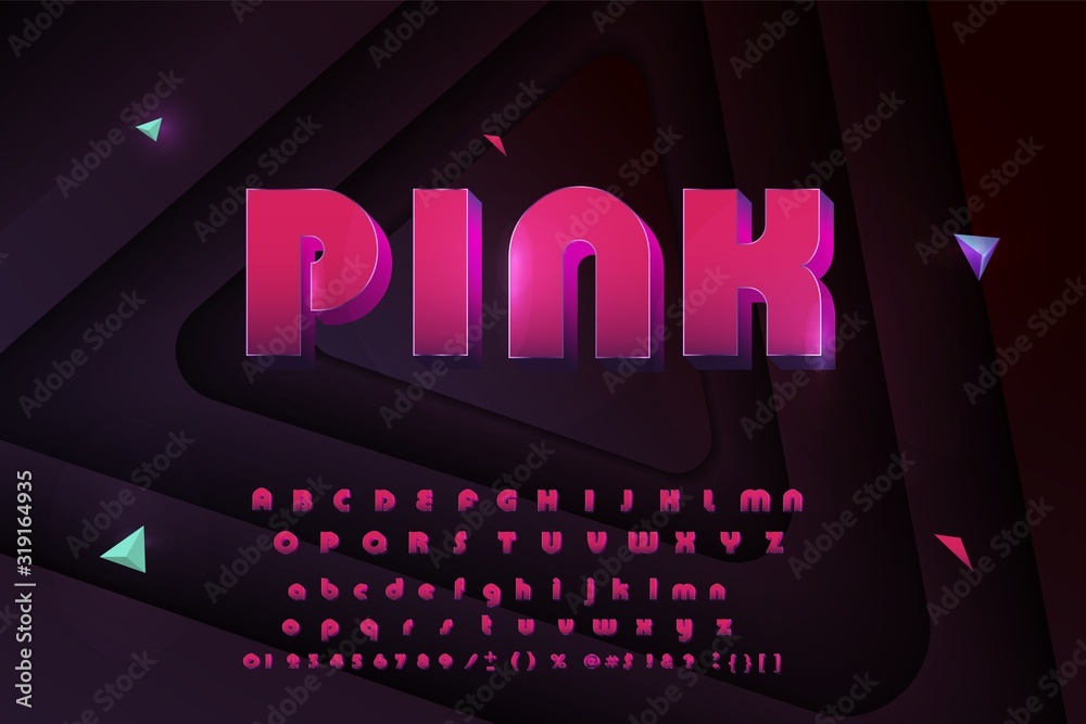 Glamorous set of pink alphabet letters, numbers and punctuation marks ...