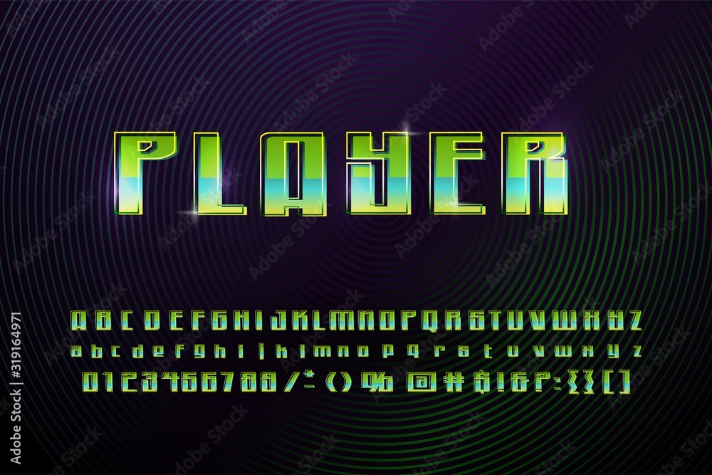 Vector modern template online game with a unique font. Green glowing ...