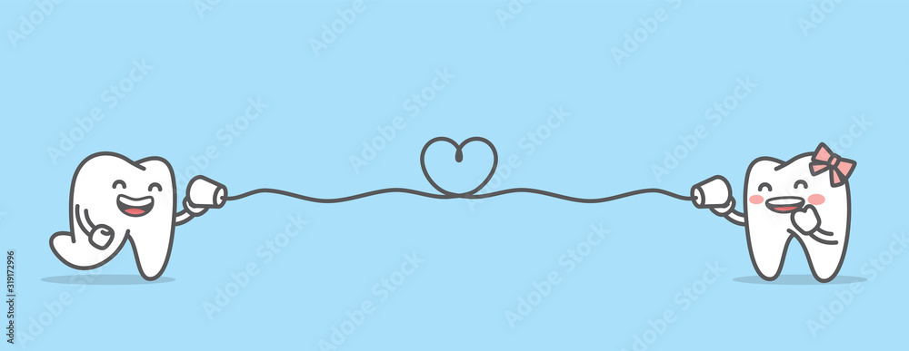 Tooth boy talk with tooth girl together by can phone and string shape ...