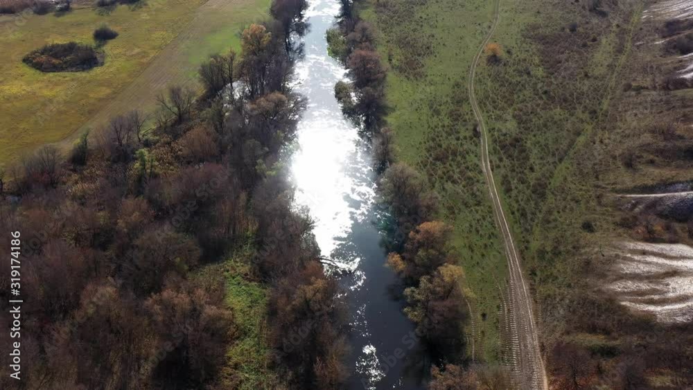 Shooting from above the famous and beautiful river Oskol in autumn ...