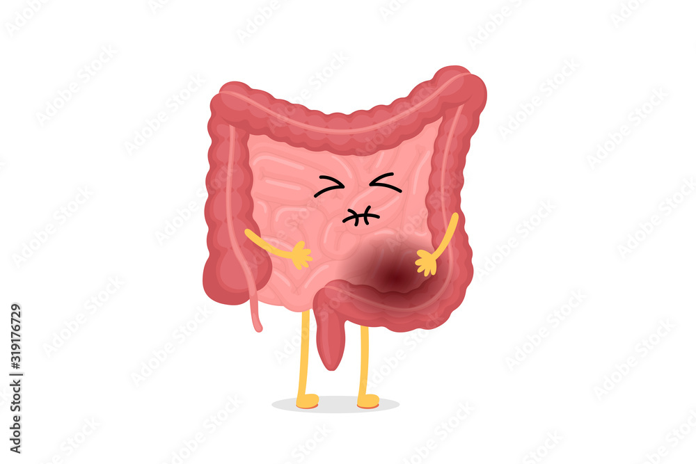 Vetor de Sad suffering sick intestine pain cartoon character. Abdominal ...