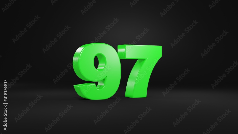 Number 97 in glossy green color on black background, isolated number ...