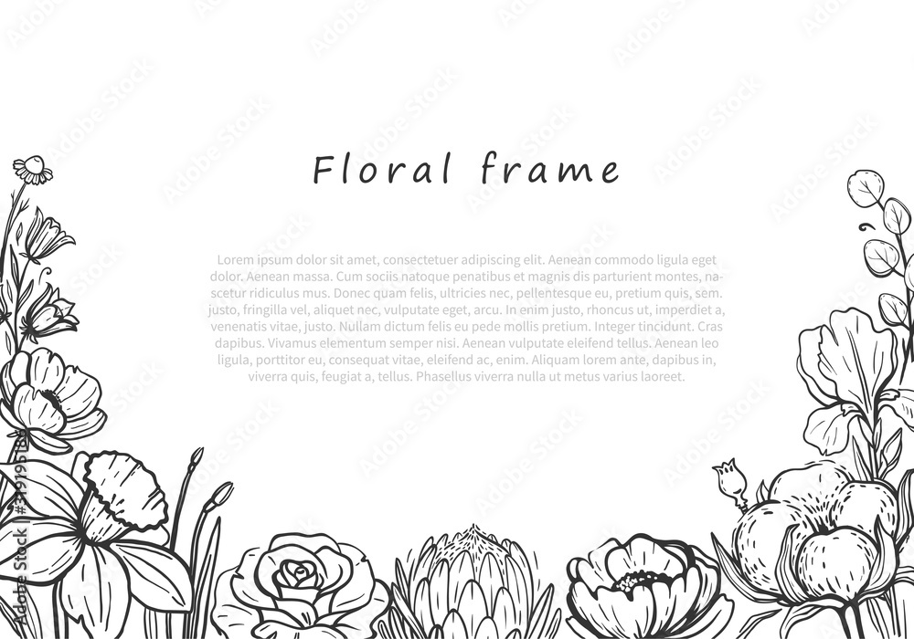 Beautiful floral horizontal frame. Vector floral frame with linear ...