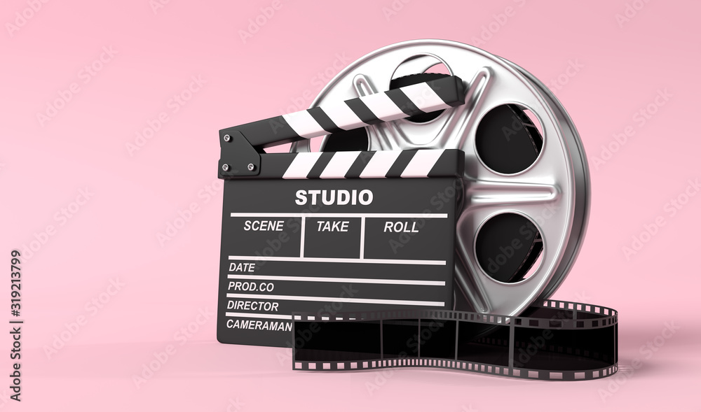 Film reel with clapperboard isolated on bright pink background in ...
