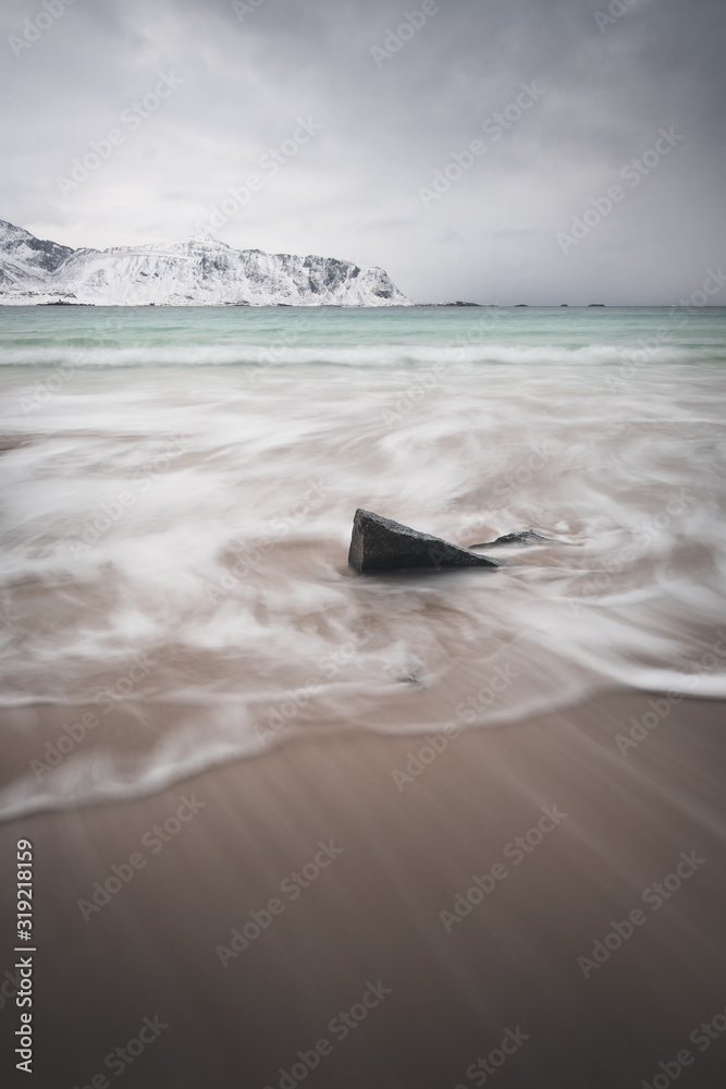 Famous Ramberg beach in lofoten islands. Long exposure shots. Ocean ...