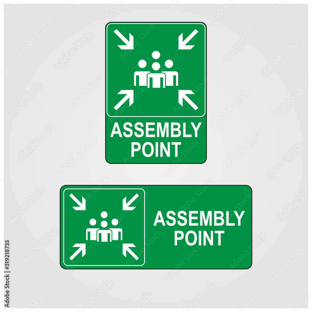 Emergency evacuation assembly point symbol sign, vertival and ...