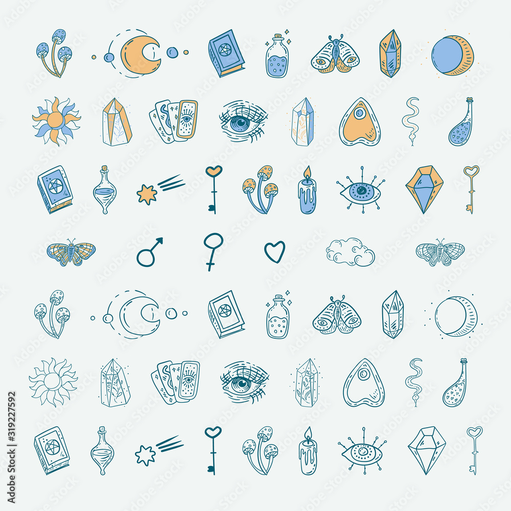 Set of magical elements. Mystic icons in outline, line art, flat style ...