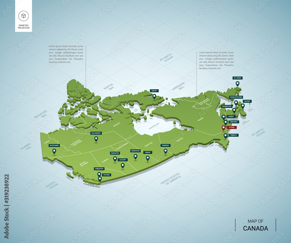 Stylized map of Canada. Isometric 3D green map with cities, borders ...