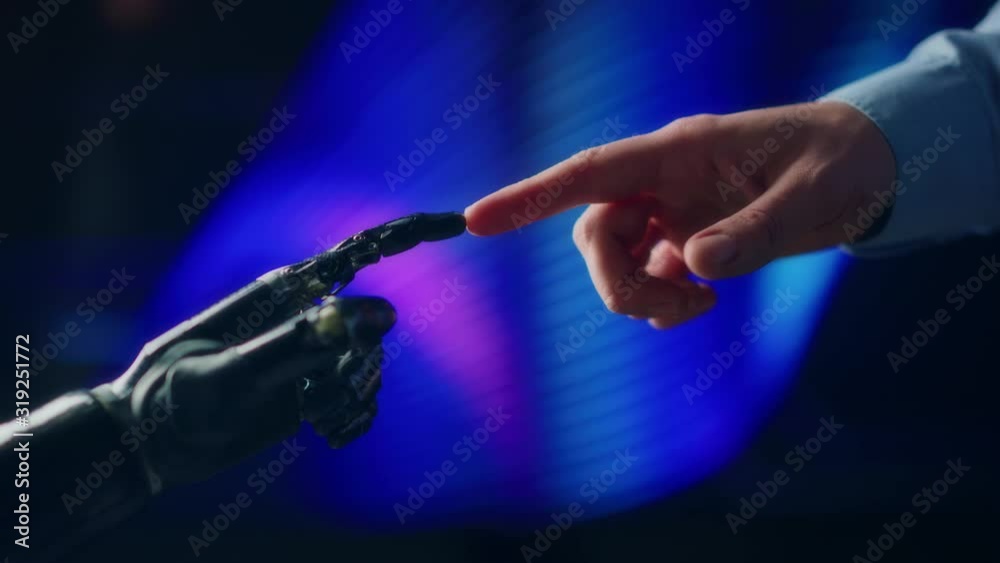 Humanoid Robot Arm Touches Human Hand Connecting Fingers. Humanity and ...