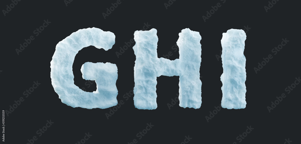 Snow letters A B C uppercase. 3D render of snowy font isolated on dark ...