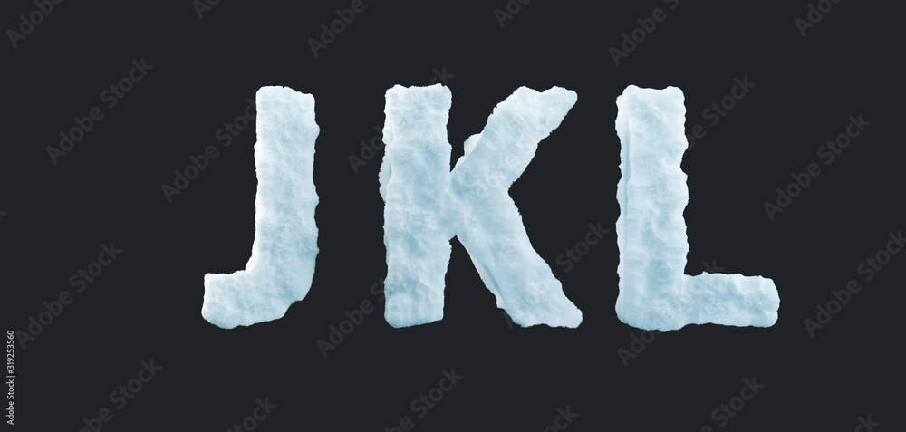 Snow letters J K L uppercase. 3D render of snowy font isolated on dark ...